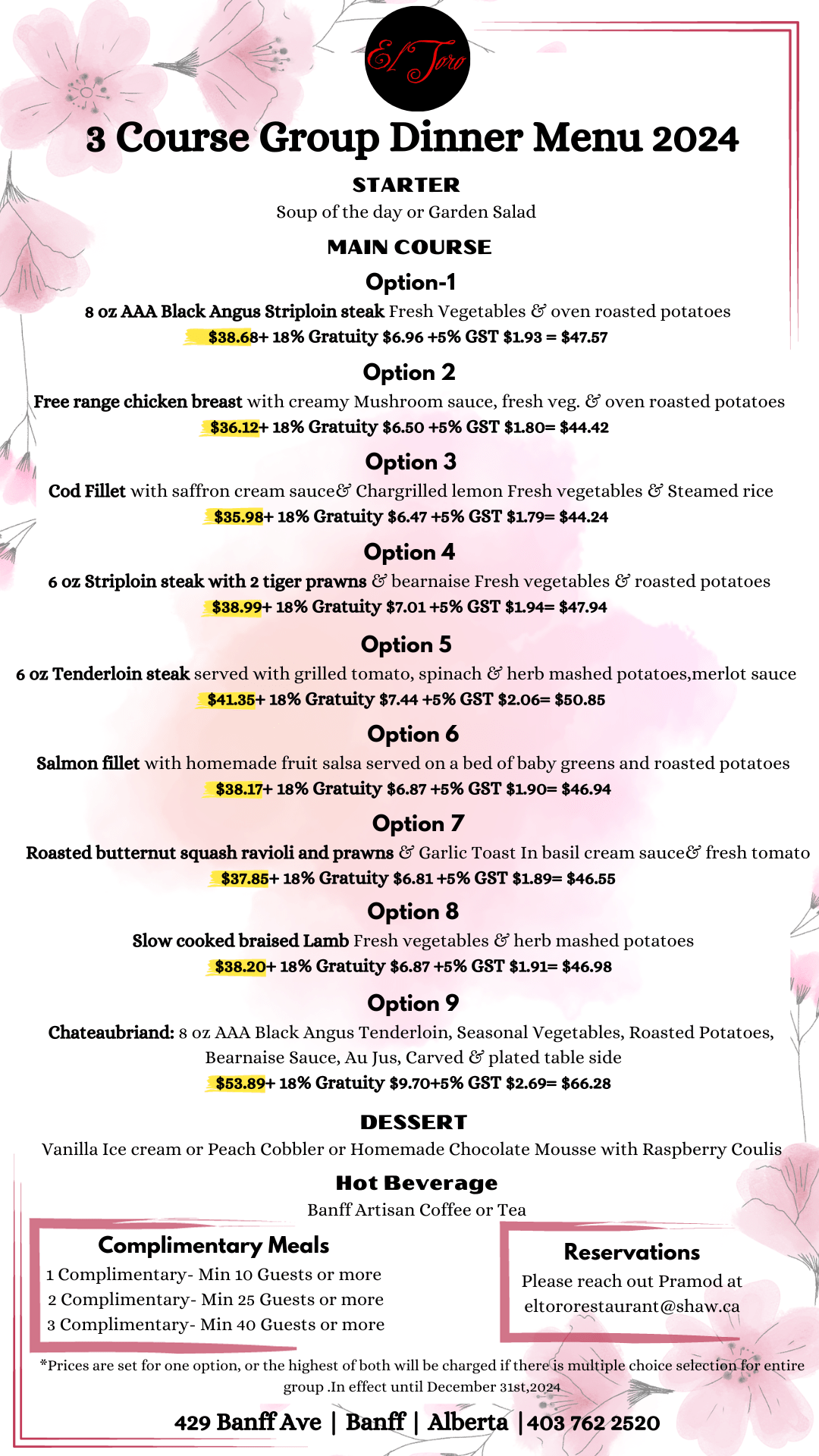Group Menu – Eltorobanff